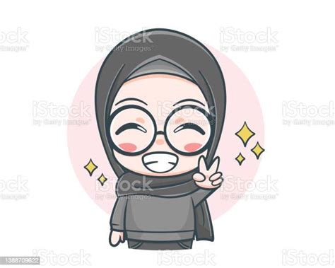 귀여운 무슬림 소녀 착용 스웨터 와 평화 표지판 만화 일러스트 Eid Mubarak에 대한 스톡 벡터 아트 및 기타 이미지