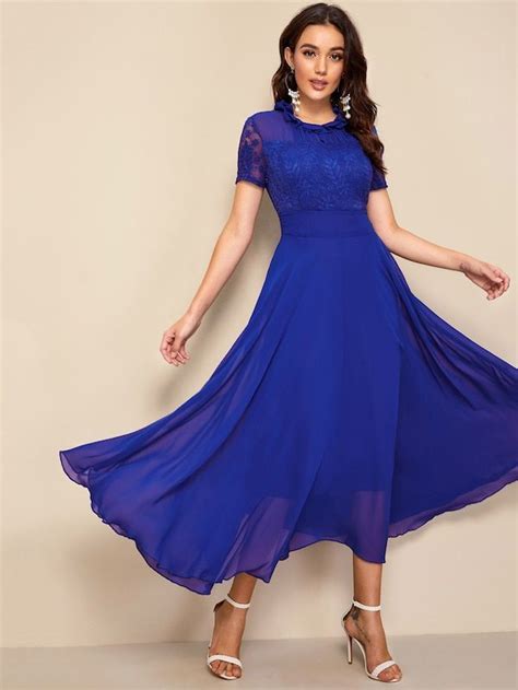 Lace Panel Keyhole Back Mesh Overlay Dress