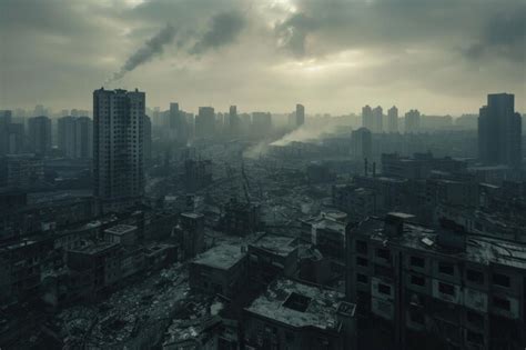 Aerial View Of A Polluted Cityscape With Dense Fog And Smoke Depicting