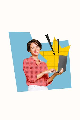 3d 콜라주 트렌드 삽화 합성 스케치 학생 젊은 아가씨 대 미소 이모티콘 얼굴 행복 보류 유형 휴대용 퍼스널 컴퓨터 주의 기호 아이디어 25 29세에 대한 스톡 사진 및