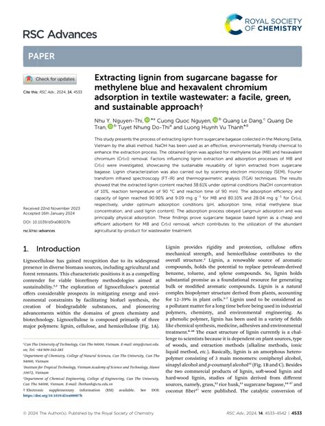 Pdf Extracting Lignin From Sugarcane Bagasse For Methylene Blue And