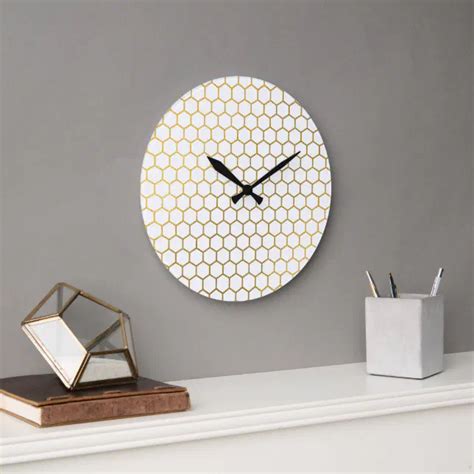 White And Gold Hexagon Geometric Pattern Large Clock Zazzle