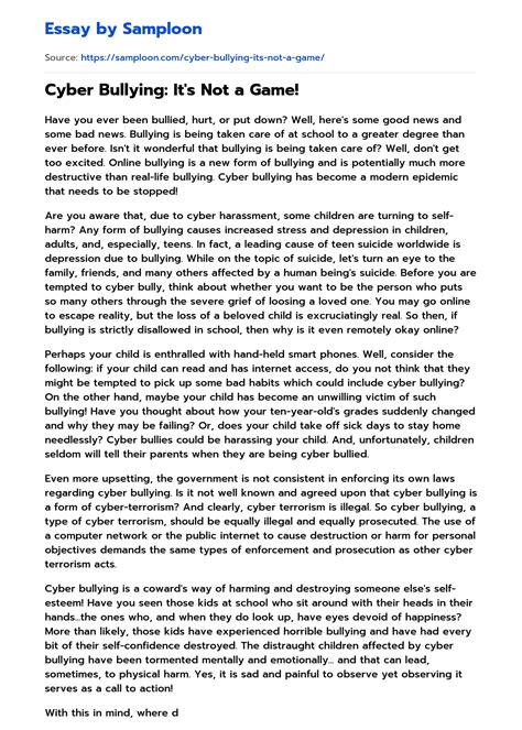 ≫ Cyber Bullying Its Not A Game Free Essay Sample On