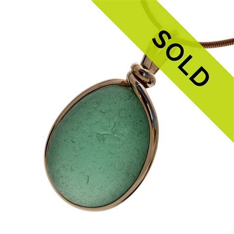 Large Aqua Green Genuine Sea Glass In Gold Wire Bezel© Necklace Pendant