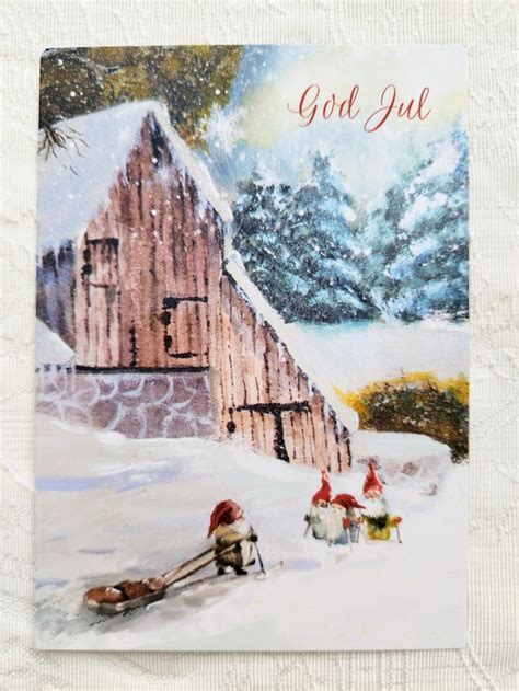 Nordic God Jul Christmas Card Lovely Gnome Sitting Out In Snow With