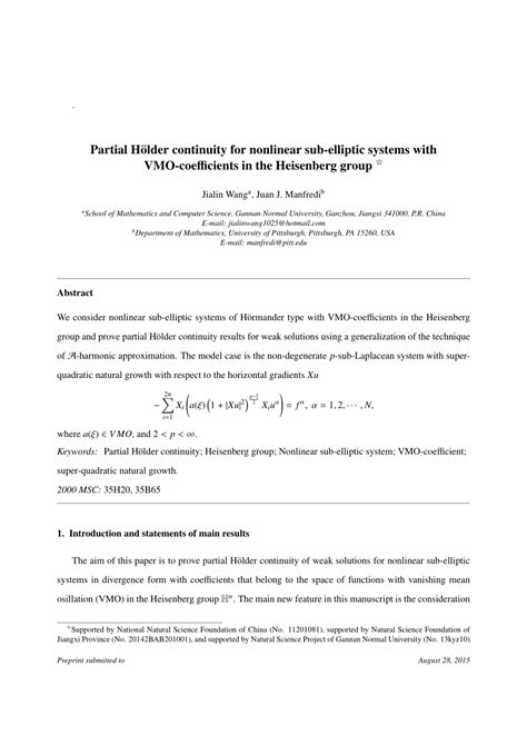 Pdf Partial Hölder Continuity For Nonlinear Sub Elliptic Systems With Vmo Coefficients In The