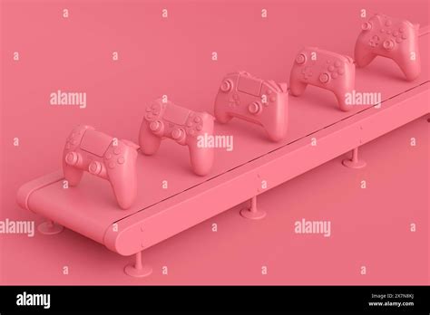 Set Of Gamer Joysticks Or Gamepads On Factory Line On Monochrome Background 3d Render Concept