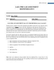 Lab 1 Pre Lab Assignment Bioinformatics 2 Doc BIOL 1020 Lab 1 LAB 1 PRE LAB ASSIGNMENT