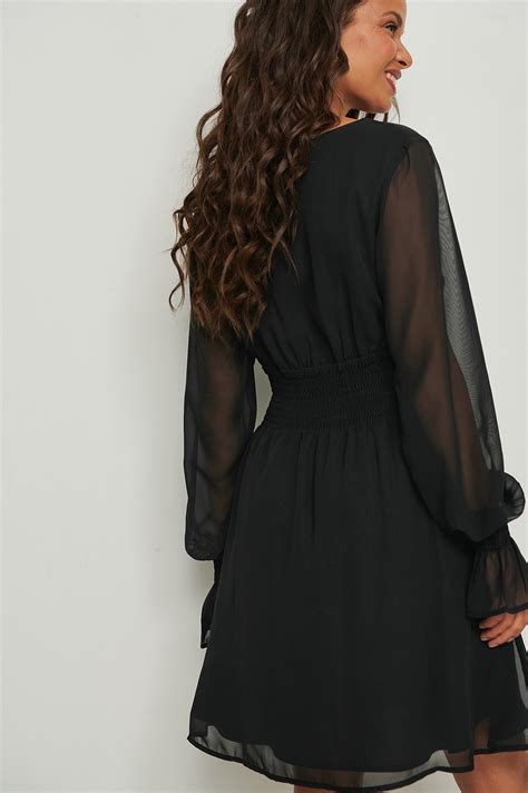 Smocked V Neck Mini Dress Black Na