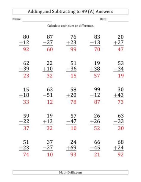 Large Print Adding And Subtracting 2 Digit Numbers With Sums And