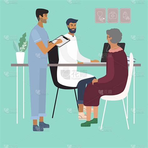 老年人 病人 老年女人 健康保健 绘画插图 矢量 多色的 关爱 检查