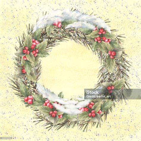 눈 덮인 겨울 나뭇 가지 화 환 홀리 베리 식물과 크리스마스 전나무 나뭇 가지 수채화 그림 0명에 대한 스톡 벡터 아트 및 기타 이미지 Istock