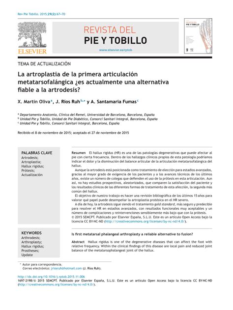 Pdf La Artroplastia De La Primera Articulación Metatarsofalángica ¿es