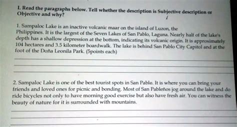 Solved 0 Read The Paragraphs Below Tell Whether The Description Is Subjective Objective And