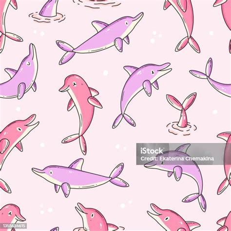 만화 낙서 스타일의 귀여운 돌고래와 원활한 패턴 분홍색 색상의 일러스트 배경 귀여운에 대한 스톡 벡터 아트 및 기타 이미지 귀여운 낙서 드로잉 돌고래 Istock