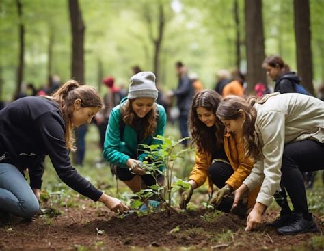 Premium Photo A Group Of Women Are Planting Trees In A Forest