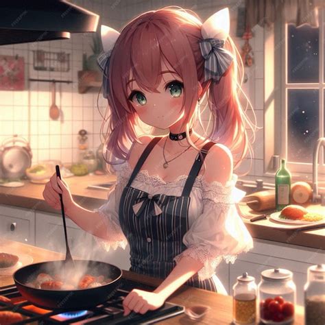 A Girl Cooking In A Kitchen With An Anime Girl Cooking Premium Ai