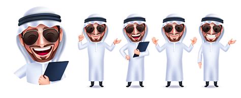 아랍 남자 캐릭터 벡터 세트 디자인 사우디 남자는 흰색 배경에 고립 된 선글라스 컬렉션과 함께 멋진 잘 생긴 캐릭터 개체 그룹에 대한 스톡 벡터 아트 및 기타 이미지