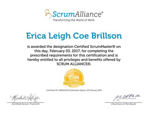 Erica Leigh Coe Brillson Scrumalliance Csm Certificate Pdf Sports
