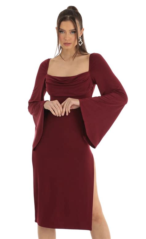 Flare Sleeve Midi Dress In Red Lucy In The Sky