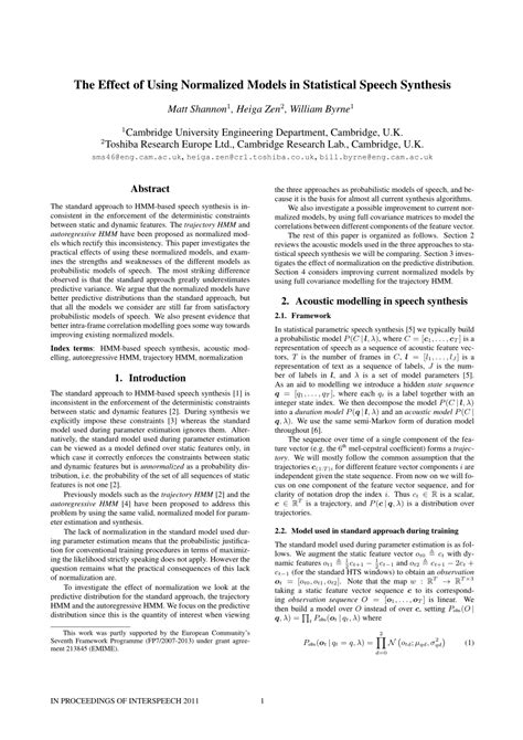 PDF The Effect Of Using Normalized Models In Statistical Speech