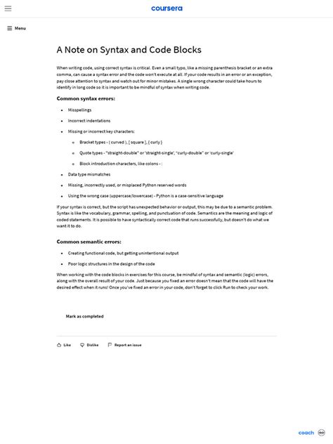 A Note On Syntax And Code Blocks Coursera Pdf