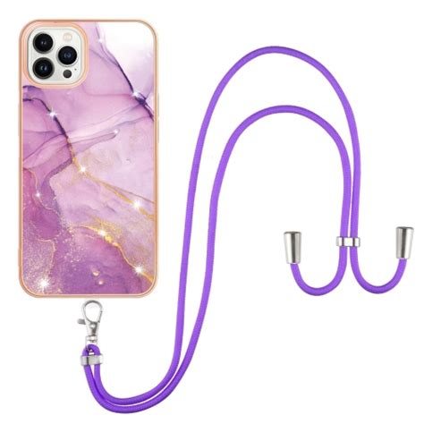 Iphone 13 Pro Max 전기도금 대리석 패턴 Imd Tpu 충격 방지 케이스목 끈 포함퍼플 001