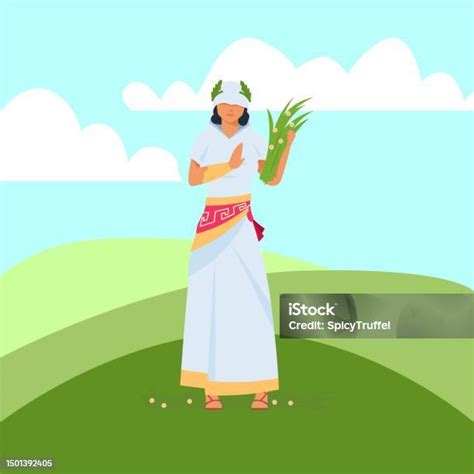 만화 그리스 신 식물 수확과 함께 데메테르 농업과 다산의 신 들판에 서 있는 신성한 여자 로만 세레스 골동품 종교 신화 여신