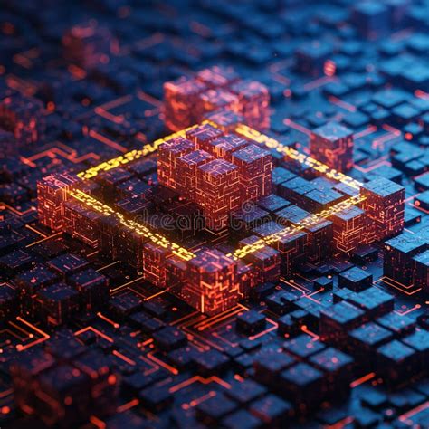 Abstract Digital Landscape Featuring Glowing Interconnected Cubes Forming A Central Stock