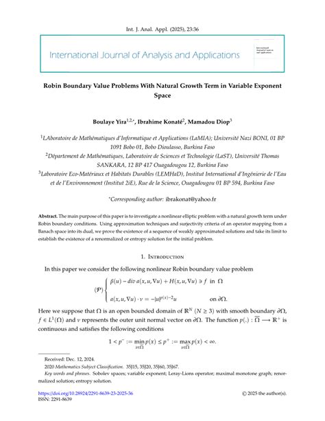 Pdf Robin Boundary Value Problems With Natural Growth Term In Variable Exponent Space