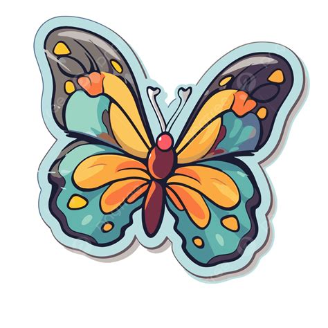 나비 클립 아트가 있는 주황색 및 파란색 스티커 일러스트 벡터 만화 나비 사진이 격리된 스티커 디자인 상표 스티커 일러스트 Png 일러스트 및 벡터 에 대한 무료