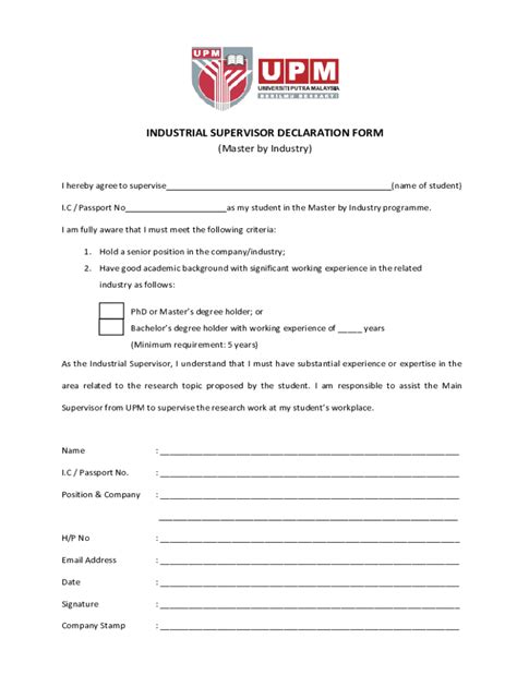 Fillable Online Industrial Supervisor Declaration Form Fax Email Print Pdffiller