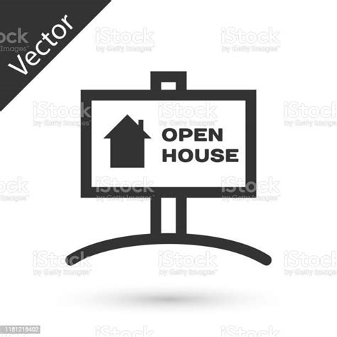 흰색 배경에 격리 된 텍스트 오픈 하우스 아이콘회색 매달려 기호입니다 텍스트 오픈 하우스와 간판입니다 벡터 일러스트레이션 개념에 대한 스톡 벡터 아트 및 기타 이미지