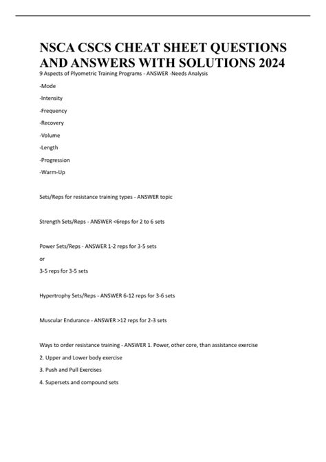 Nsca Cscs Cheat Sheet Questions And Answers With Solutions 2024 Cscs