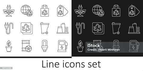 세트 라인 전기 자동차 충전소 공장 종이 봉지 재활용 재활용 플러그 저장 잎 쓰레기통 및 행성 지구 및 재활용 아이콘 벡터 0명에 대한 스톡 벡터 아트 및 기타 이미지