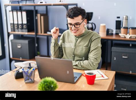 Non Binary Person Working At The Office Wearing Glasses Screaming Proud