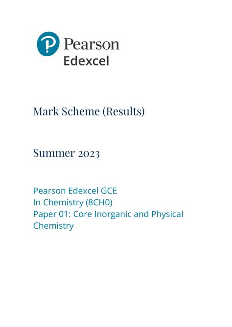 Pearson Edexcel As Level Chemistry Paper 01 Core Inorganic And Physical Chemistry Ms 2023