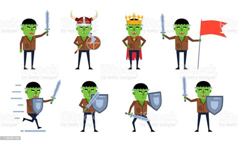 다양 한 상황에서 포즈를 취한 중세 무기와 좀비 캐릭터의 집합입니다 칼로 공격 하는 재미 있는 언 데드 전사 왕관과 함께 포즈와 다른 작업을 보여주는 검에 대한 스톡 벡터