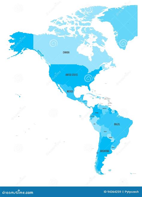 Political Map Of Americas In Four Shades Of Blue On White Background