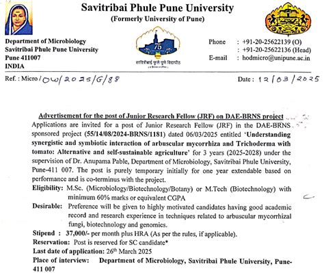 Jrf Position Under Dae Brns Project At Sppu Pune Jaivikshatram Jaivikshastram Education