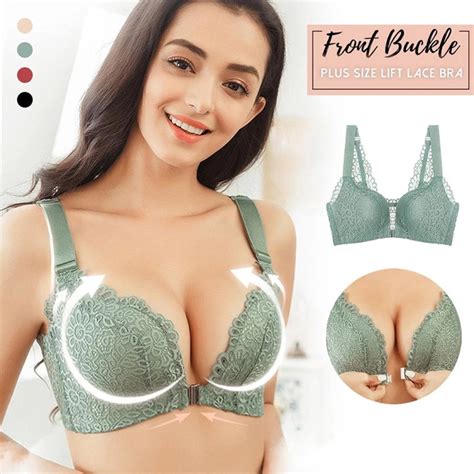 Rumida Plus Size Front Buckle Lift Lace Bra Push Up Wireless Padded Bra