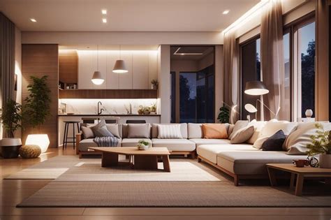 Premium Ai Image Modern House Interior Night Evening Lighting 3d