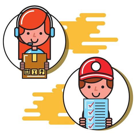 Пара людей с наушниками и коробкой Премиум векторы