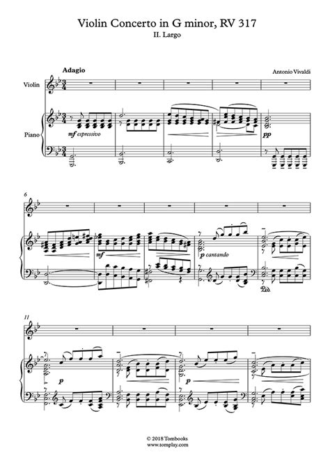 Violin Concerto In G Minor Rv 317 Ii Largo Vivaldi Violin Sheet