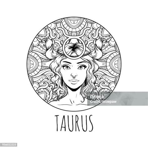 金牛座生肖符號藝術品 成人著色書頁 美麗的星座符號女孩 向量插圖向量圖形及更多塗色書頁 製圖技術圖片 塗色書頁 製圖技術 成年人
