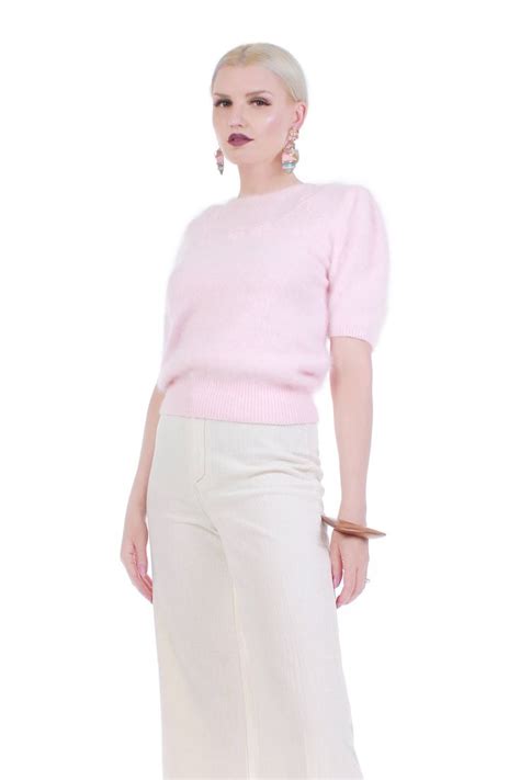 Pink Angora Mohair Sweater Top Embellished With Faux Pearls Womens