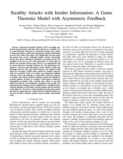 Pdf Stealthy Attacks With Insider Information A Game Theoretic Model With Asymmetric Feedback