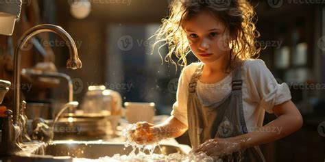 The Girl Washes Dishes In The Kitchen Cleanliness Generative Ai