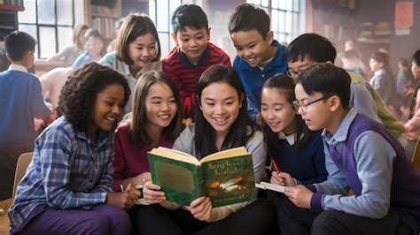 Classmates Holding An Open Book Premium Ai Generated Image