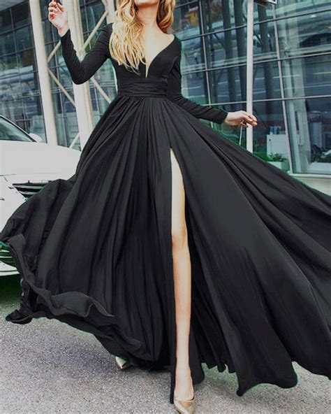 Long Sleeves Chiffon Prom Evening Dresses Side Split Alinanova